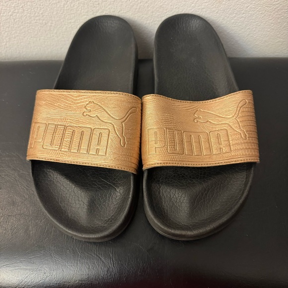 Puma | Shoes | Puma Leadcat Leather Slides Sandals Gold And Black ...